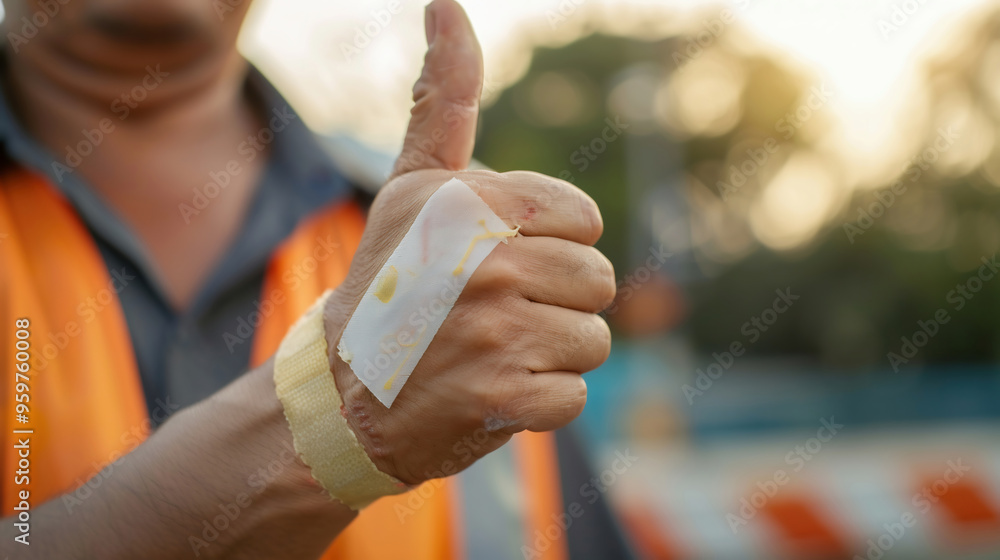 Closeup worker's cut thumb with adhesive bandage. Close up hand of ...