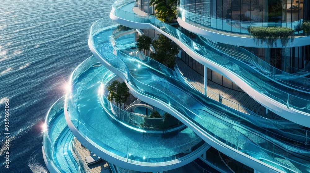 A breathtaking luxury building situated on the oceanfront, featuring ...