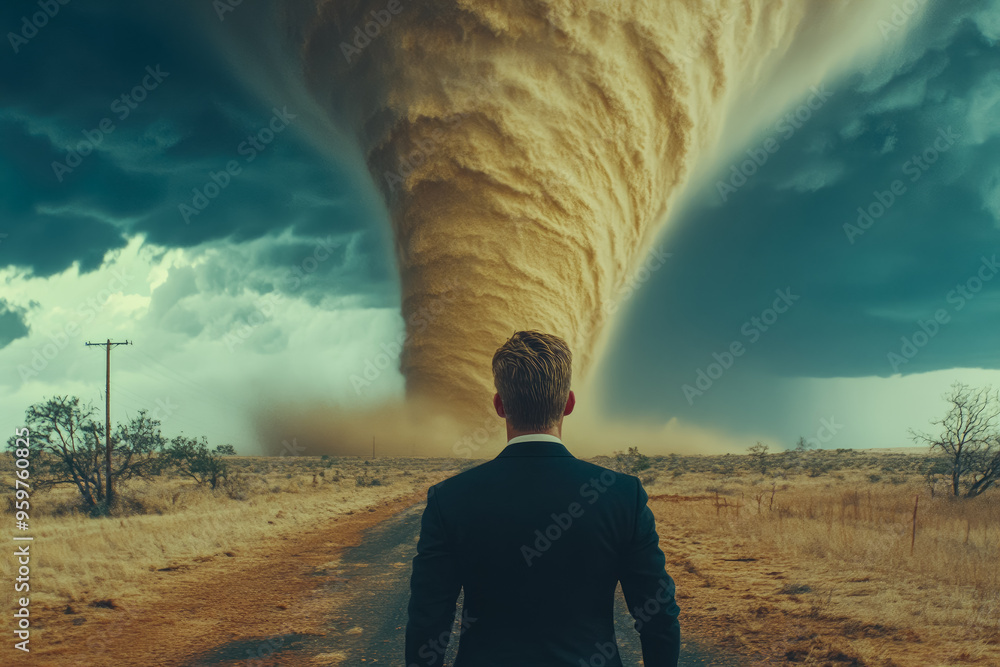Back view of a man in a suit in front of a tornado coming towards him ...