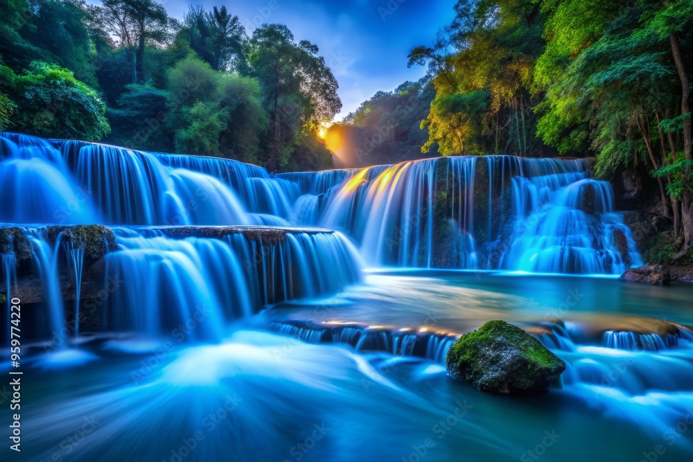 Kapas Biru Falls in the evening, highlighting the subtle play of light ...