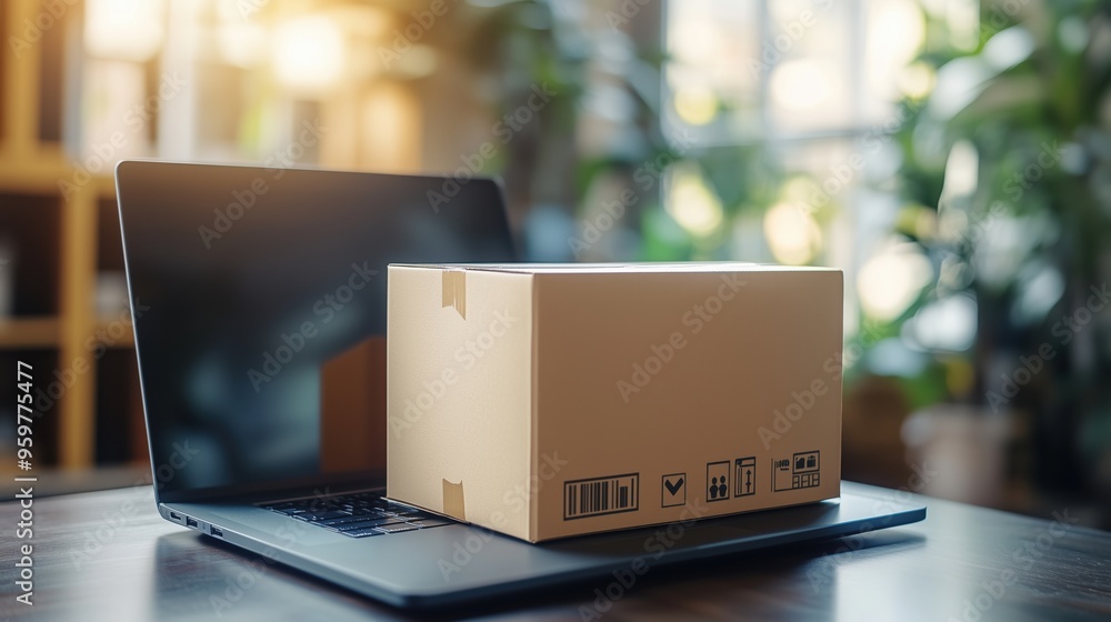 Cardboard Box with Shipping Labels on Laptop. Cardboard box featuring ...