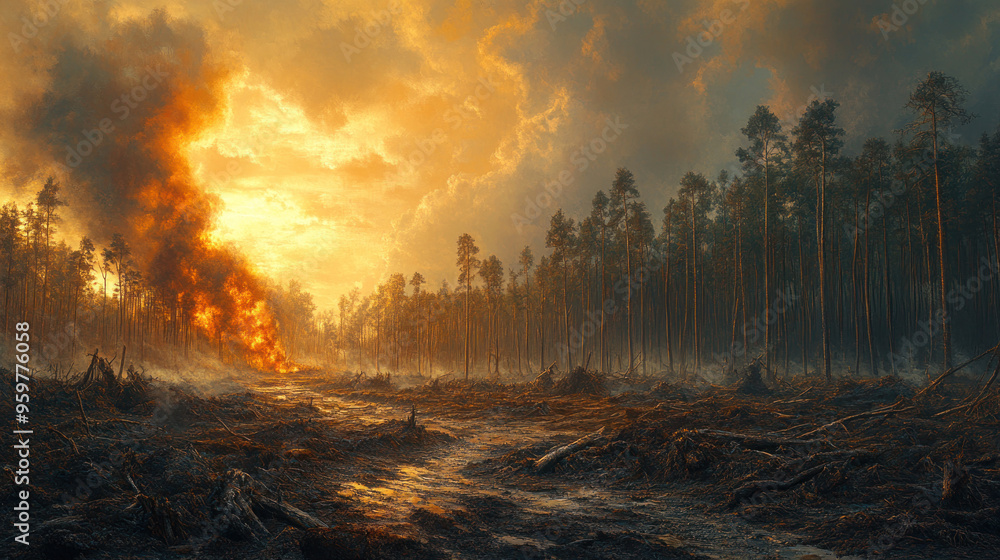 Deforestation carbon release, showing the process of deforestation and ...