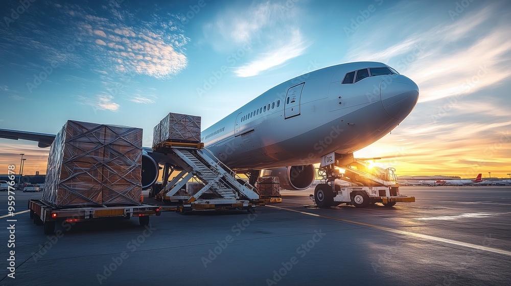 Cargo Loading onto Aircraft at Sunrise. Palletized cargo is being ...