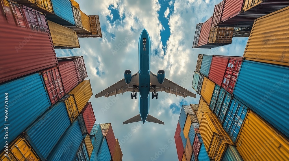 Airplane Flying Over Stacked Shipping Containers. Cargo airplane flies ...