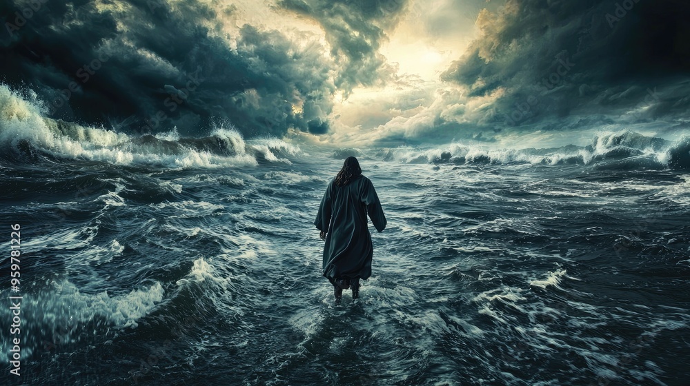 Jesus Christ Walking on Water in Dramatic Ocean Scene. Stock ...