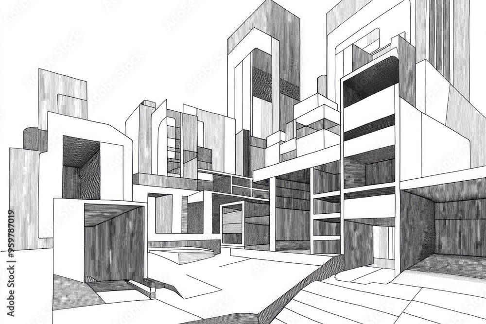 Line art illustration depicting 3D representations of urban ...