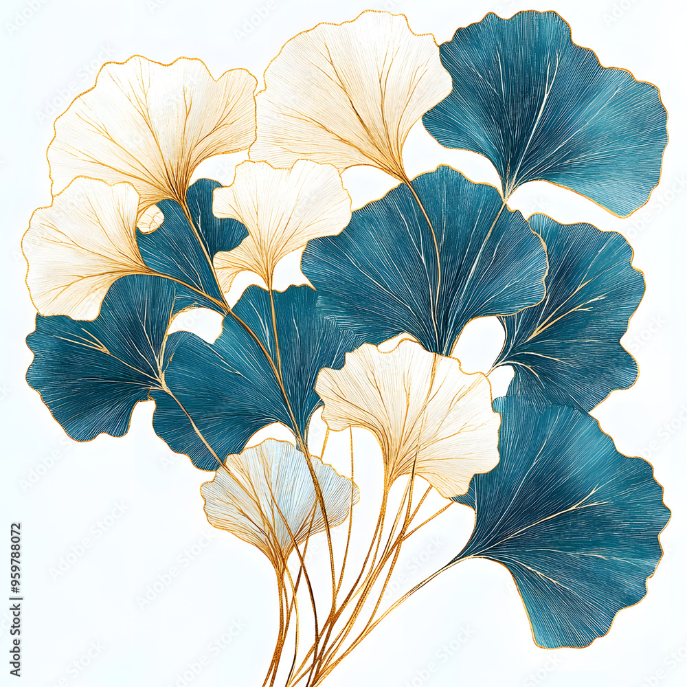 Hand drawn ginkgo leaf on white background, golden outline, color is ...
