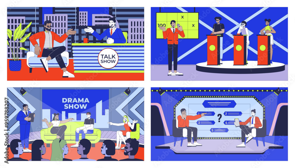 Entertainment TV shows cartoon flat illustrations set. Interview, human ...