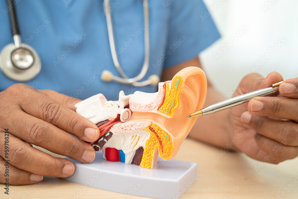 Asian doctor holding human ear model to learn and treat hearing loss in ...