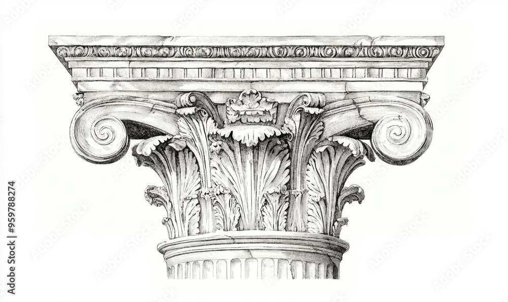 Line art illustration of a Corinthian column featuring narrow elongated ...