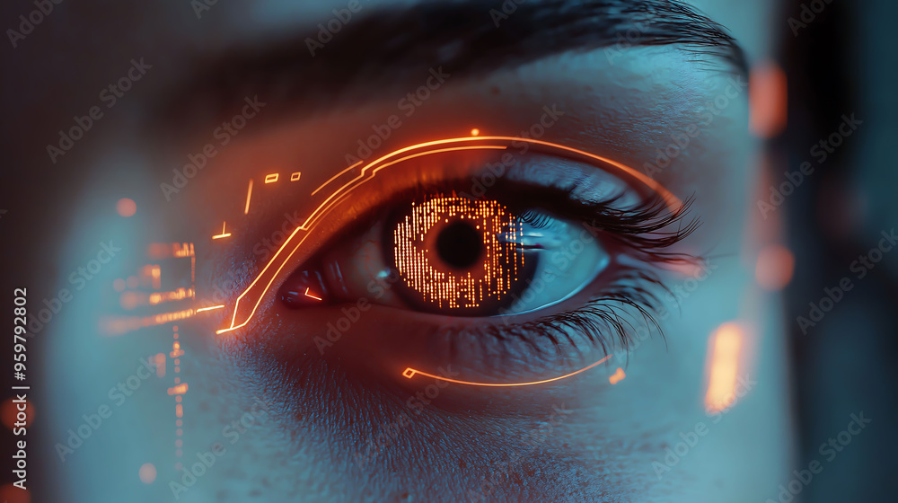 Close up eyes of woman in scanning process, data. Data processing and ...