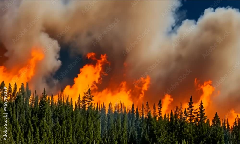 A large forest fire burning through a dense forest, with intense flames and thick smoke rising ...