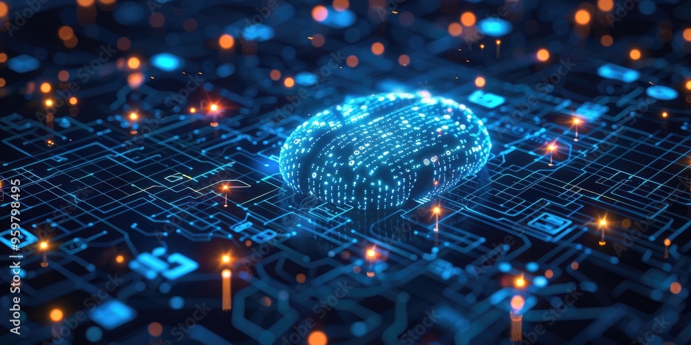 A digital brain made of circuits and binary code, representing ...