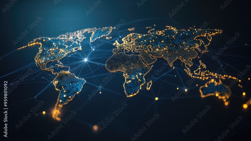 Global Network Connections: A Digital World Map with Illuminated Cities Stock Illustration ...