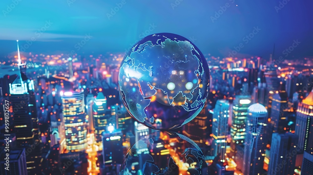 Glowing globe Earth with Skyscraper city skyline background for the ...