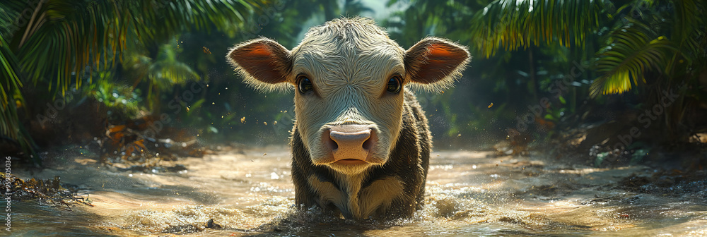 Young Calf in Tropical Forest Stream, Soft Light, Realistic Style, Calm ...