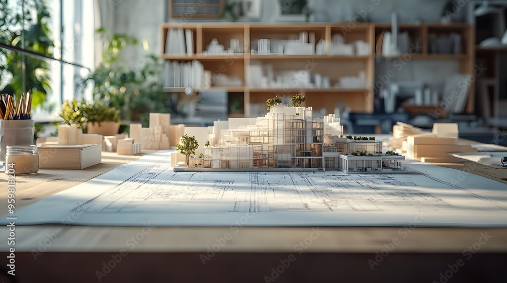 Detailed Blueprint in an Architect’s Studio with 3D Models: A blueprint ...