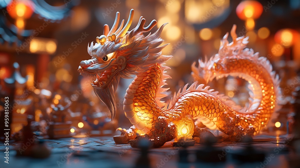 Lively miniature scene of a Chinese dragon dance festival with vibrant ...