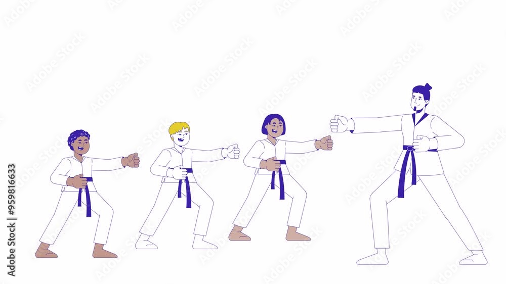 Martial arts sensei training pupils 2D characters animation ...