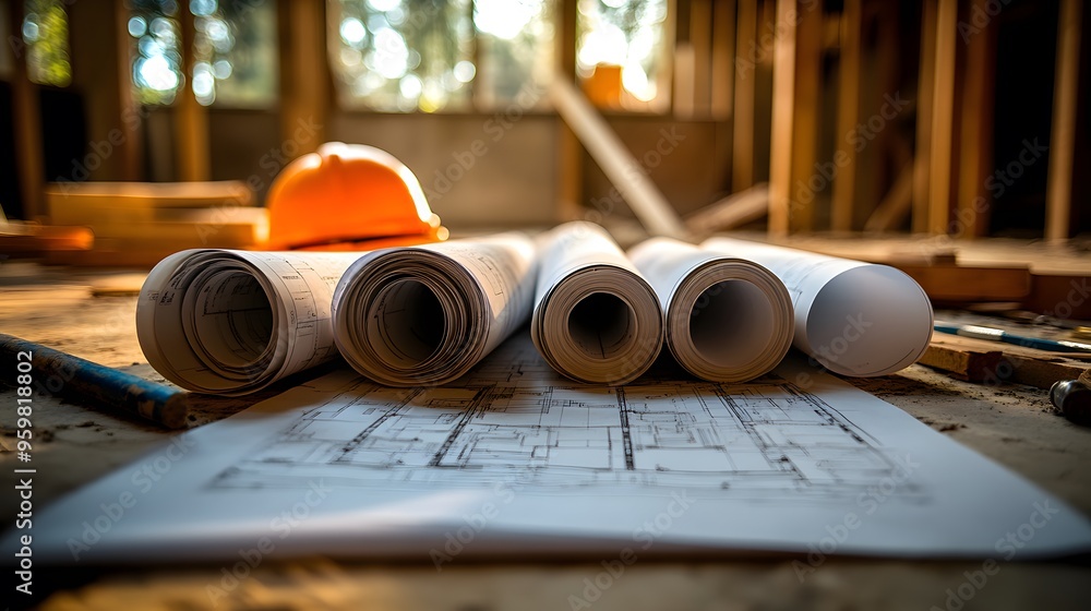 Rolled Blueprints and Tools on a Construction Site Floor: Multiple ...