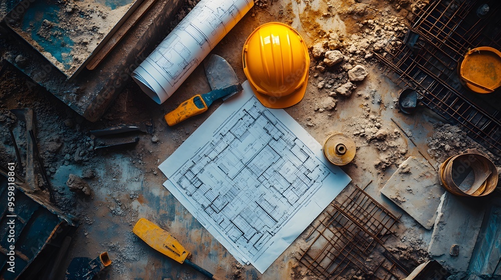 Rolled Blueprints and Tools on a Construction Site Floor: Multiple ...