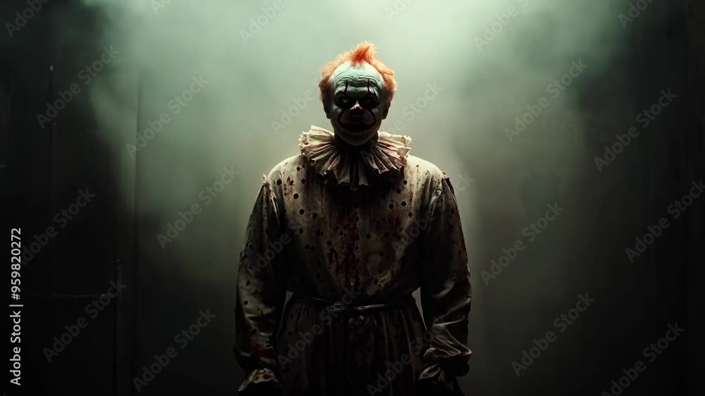A retro circus clown stands alone under a dim spotlight, wearing a ...