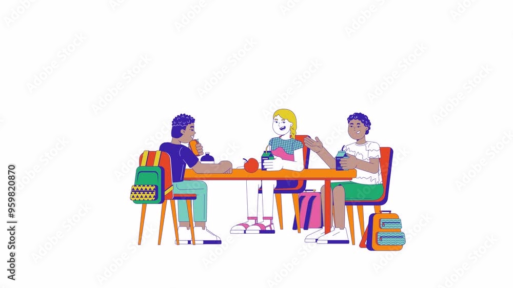 Diverse kids eating lunch together 2D characters animation. Lunchbreak ...