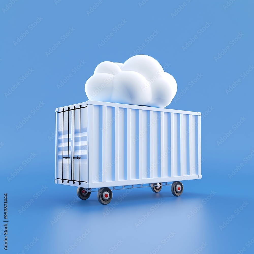 Cloud storage concept represented by a shipping container on wheels and ...
