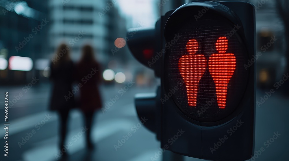 This image shows a red traffic light with a symbol of two pedestrians ...