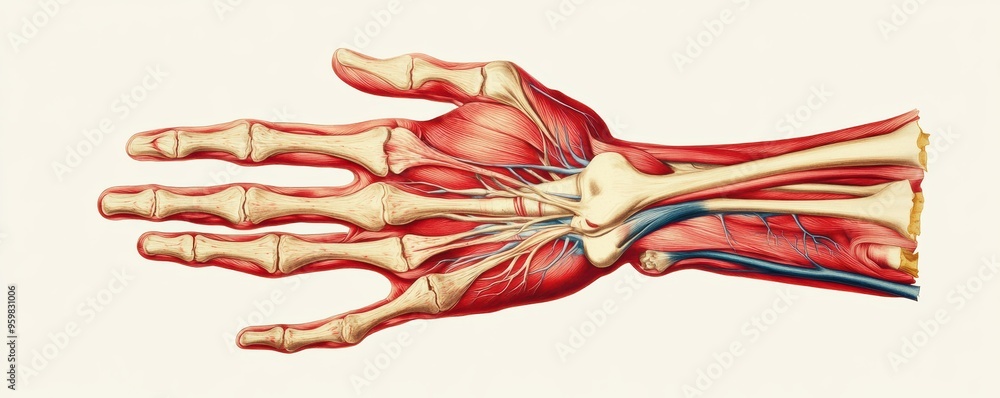 Anatomy cross-section of the hand, displaying bones, tendons, nerves ...