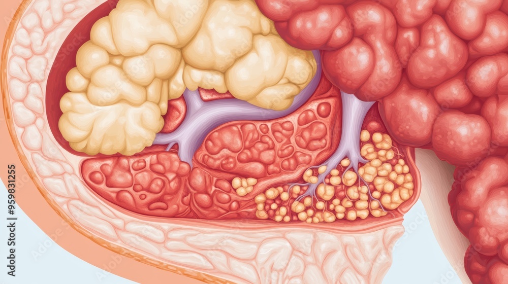 Anatomy illustration of cross-section of the pancreas, highlighting ...