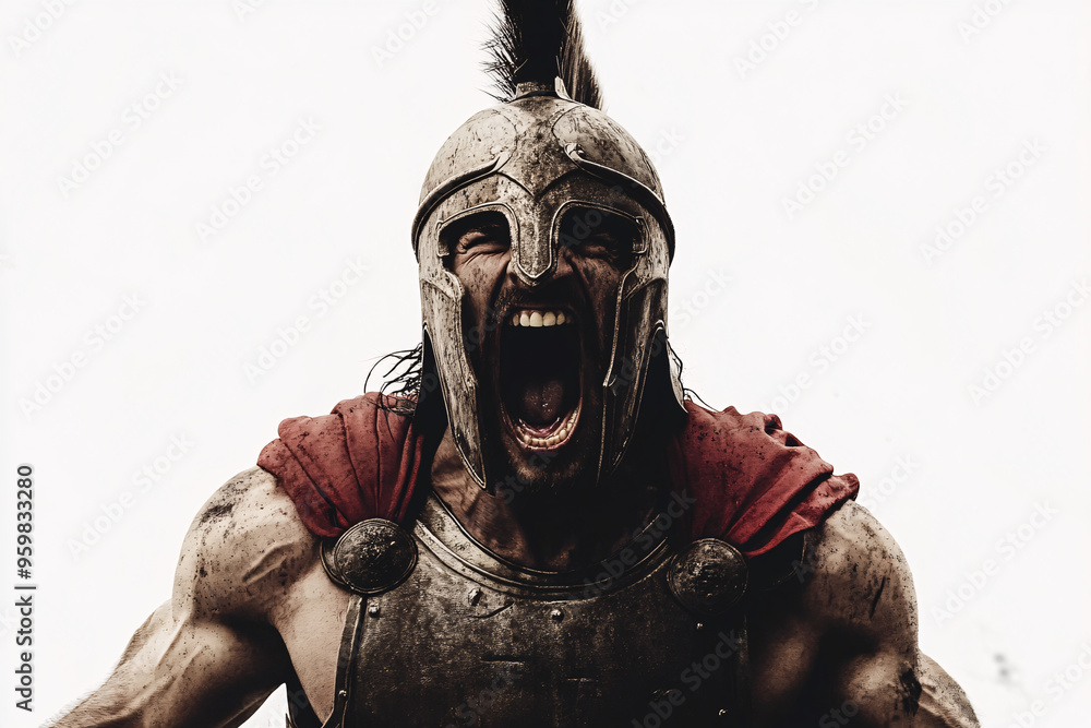 fierce Spartan warrior in full armor, including a helmet and red cape ...