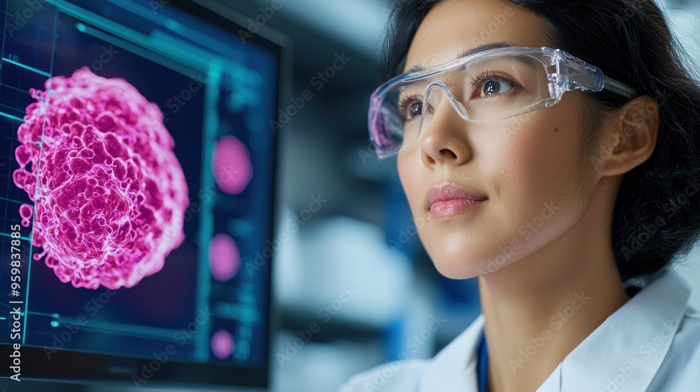 Scientist in a biotech lab using AI-driven analysis to study cell ...