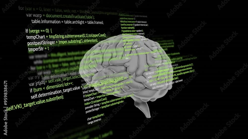 Human brain model with green code lines animation, representing artificial intelligence Stock ...