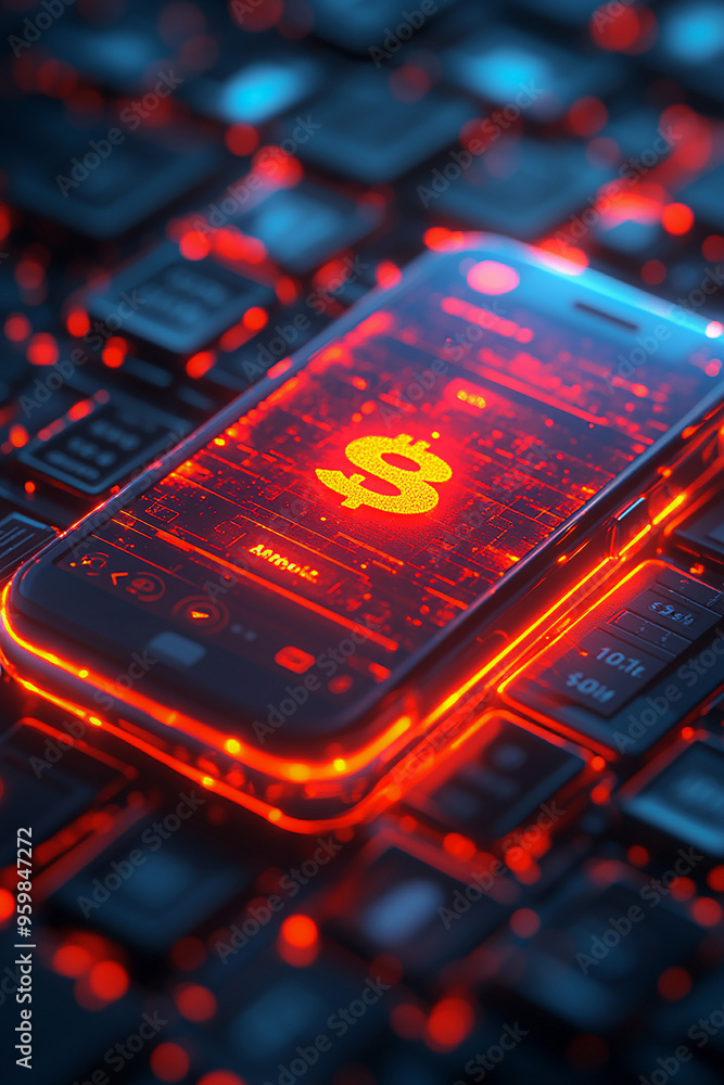 Cartoon 3D mobile app interface with a glowing transaction confirmation ...