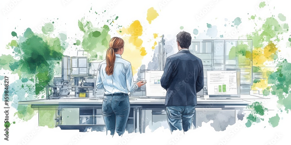 A creative workspace with two professionals observing project data on ...