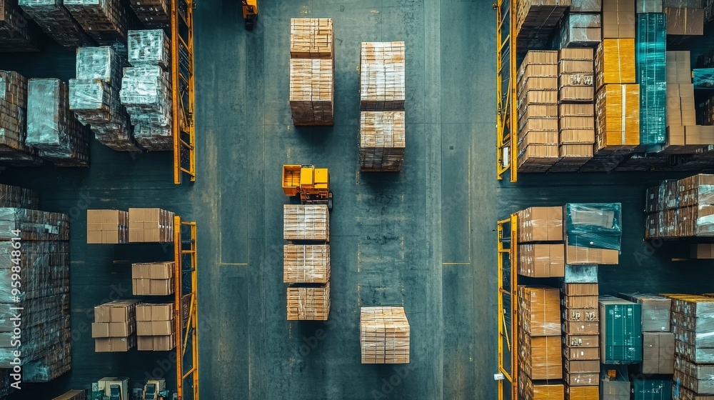 Dynamic shot of pallets in various stages of loading and unloading in a ...