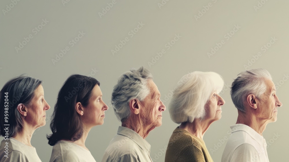 Five individuals, including one younger person, stand in profile ...