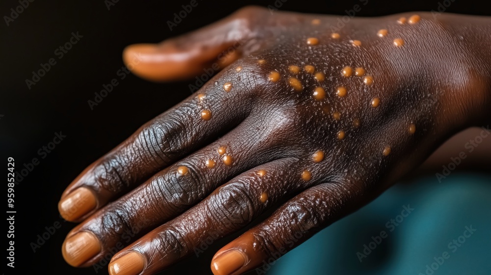 Monkeypox lesions on a hand in close-up view. Close-up of a person’s ...