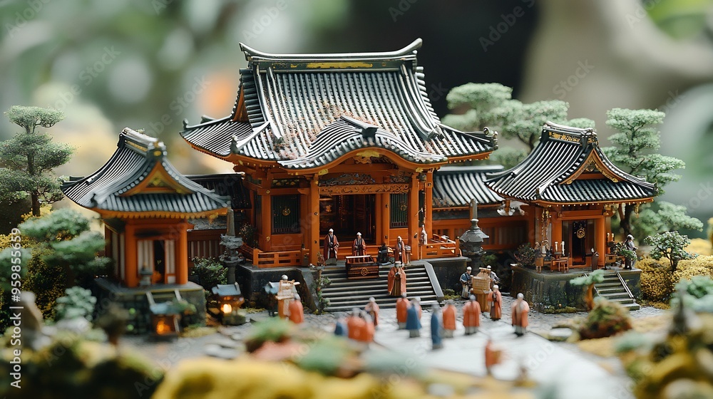 Miniature scene of a Shinto shrine ceremony in Japan featuring priests ...