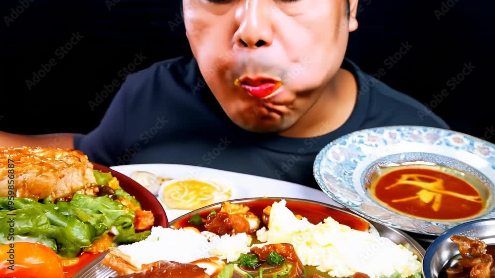 person participating in a mukbang, surrounded by a variety of dishes ...