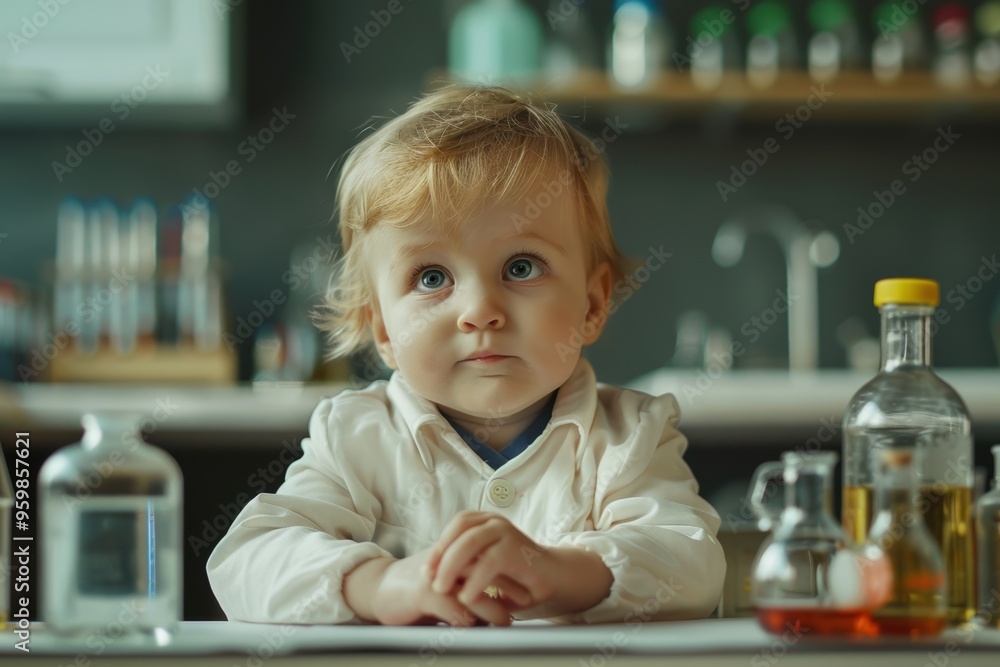 Thoughtful child in a laboratory, surrounded by bottles and beakers ...