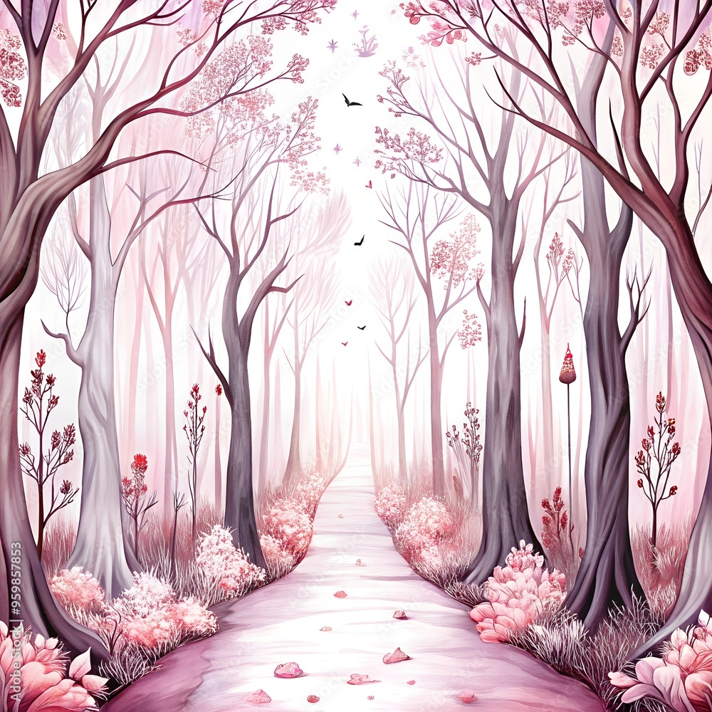 Ethereal Pink Forest Path With Magical Atmosphere And Flying Birds For ...