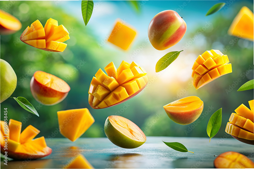 A close up of a bunch of mangoes with some of them falling to the ...