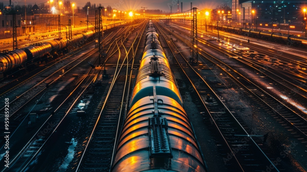A freight train stretches into the distance under the glowing lights of ...