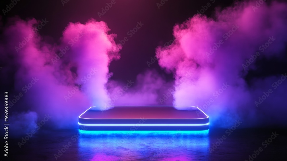 Cylinder flying podium with neon glowing abstract geometric shapes on ...