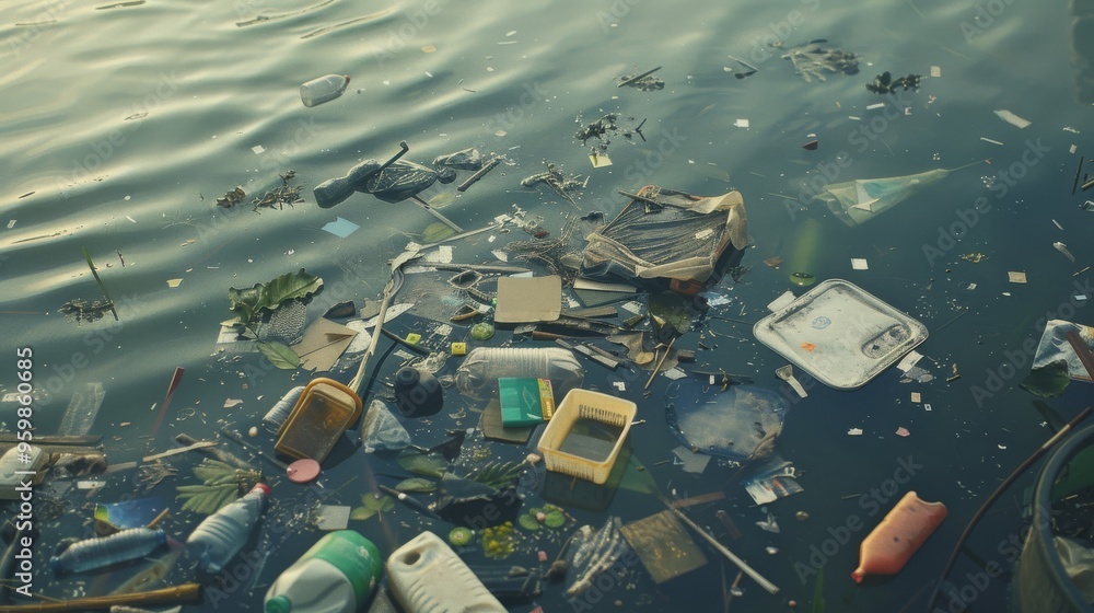 Discarded trash pollutes a body of water, with plastic bottles ...