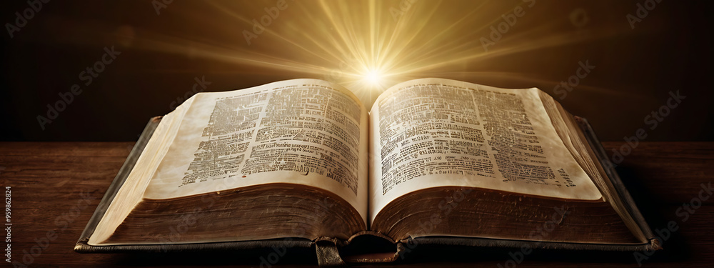 An illustration of the Holy Bible with a glowing light emanating from ...