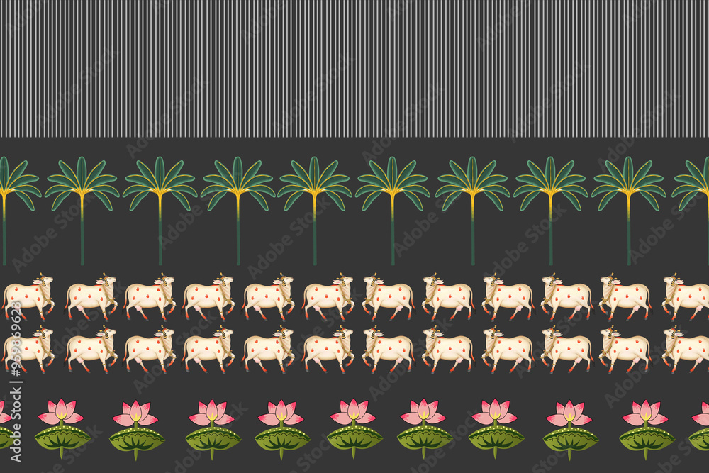 illustration of pichwai cow pattern with seamless tree pattern , lotus ...