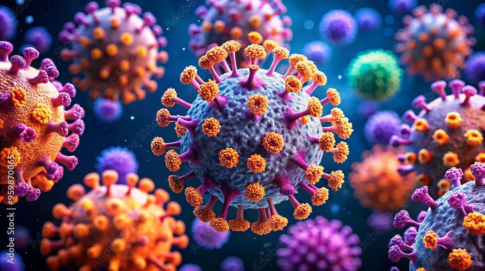 Digital visualization showing detailed representations of various virus ...